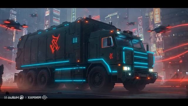 Дроны маневрируют над большим грузовиком. Промт и видео.