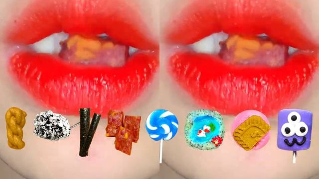 ASMR EMOJI ЗВУК ПОЕДАНИЯ ЕДЫ MUKBANG сыр🧀 вяленая говядина🥩 конфеты💙 печенье в виде лотоса🍪 зефи