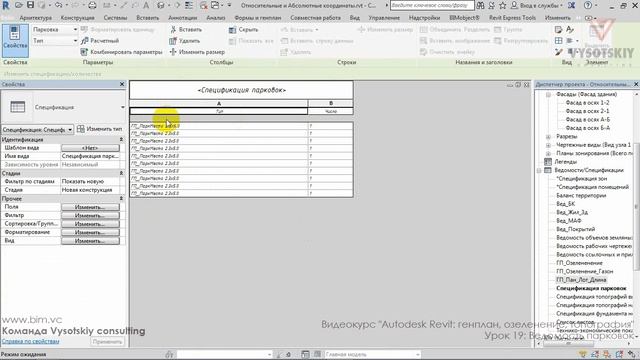 [Курс «Revit: генплан»] Ведомость парковок
