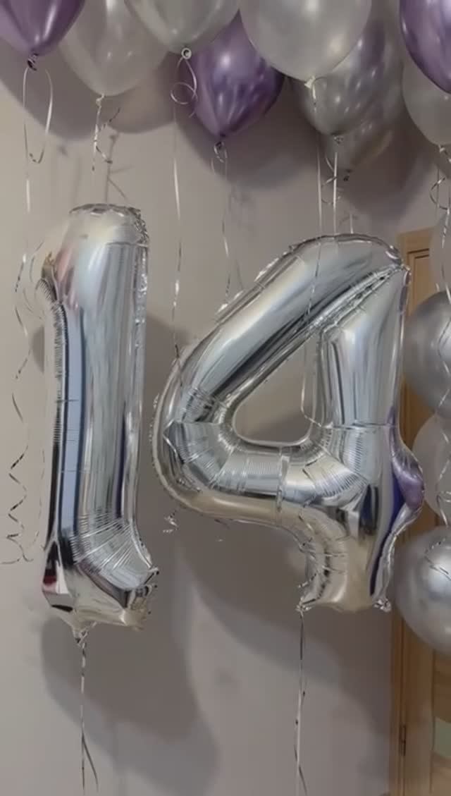 Гелиевые шары на 14 лет серебро с фиолетовым. Шарики девочке на день рождения