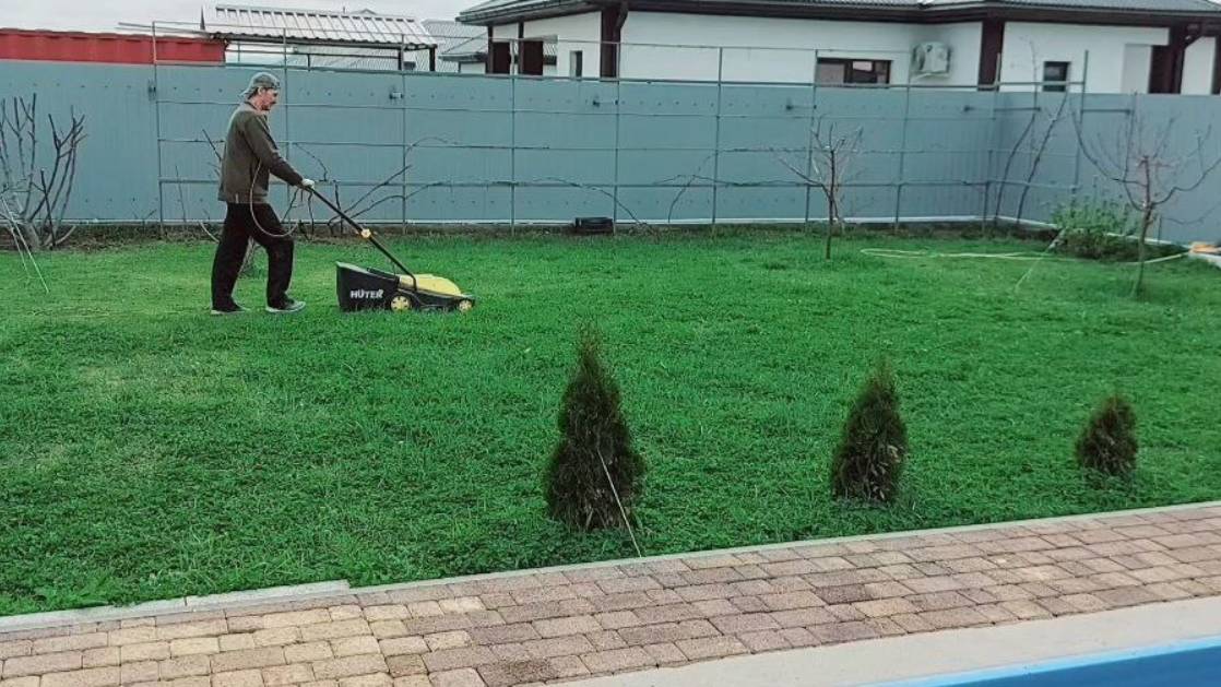 Покос травы! Электрическая газонокосилка.