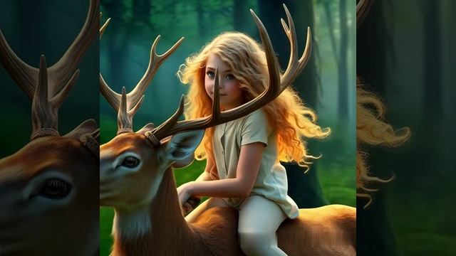 Девочка-блондинка едет на олене.