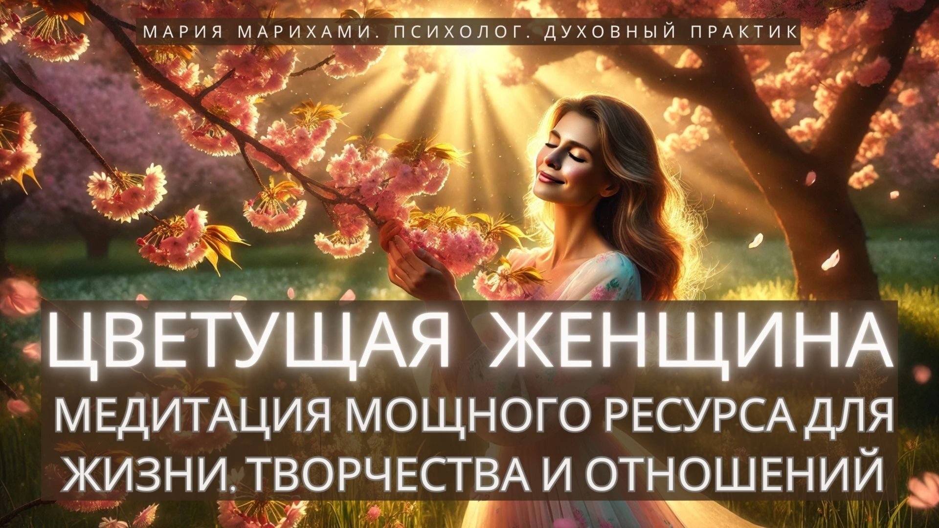 Цветущая женщина, вдохновленная, наполненная, дарующая любовь и счастье. Медитация