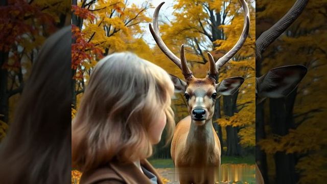 К девочке подходит олень.