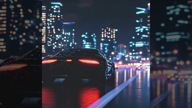 Машина едет по ночному городу. Вид сзади.