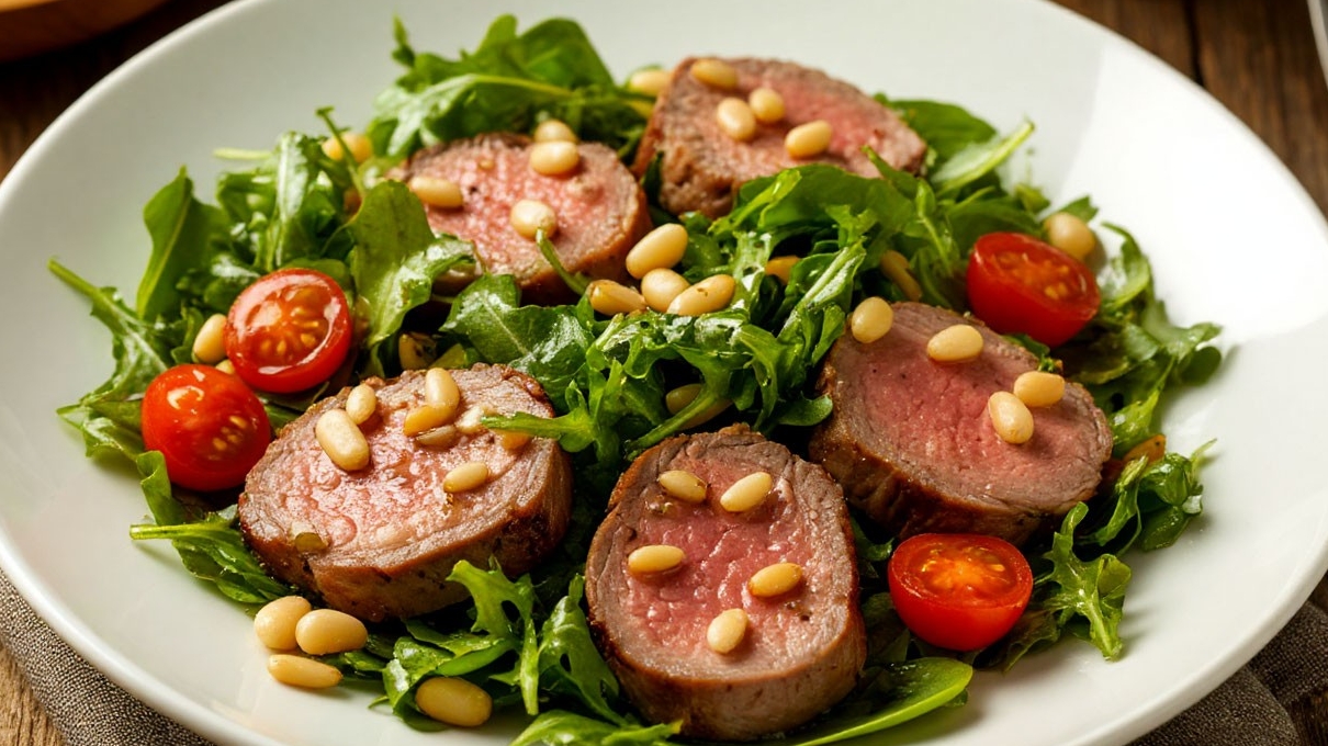 Медальоны из свинины на сковороде с салатом из руколы и помидорами черри. (Видео рецепт).