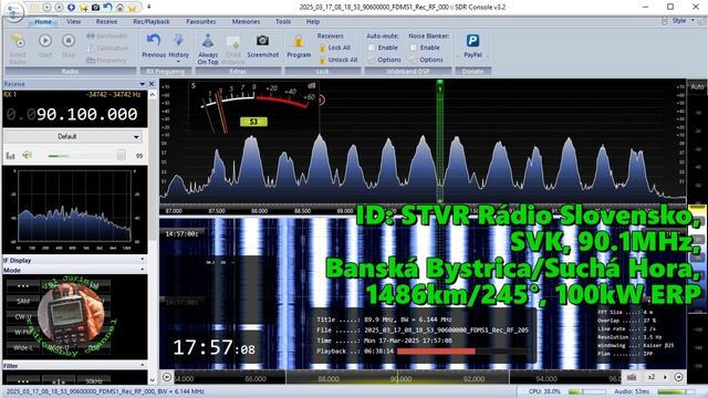 17.03.2025 14:57UTC, [Ms], Диапазон FM - отражение от метеорного следа. Чехия, Словакия, Польша.