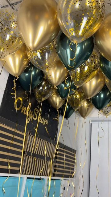 Шары под потолок: золото хром, зеленый дабл стафф, конфетти золото