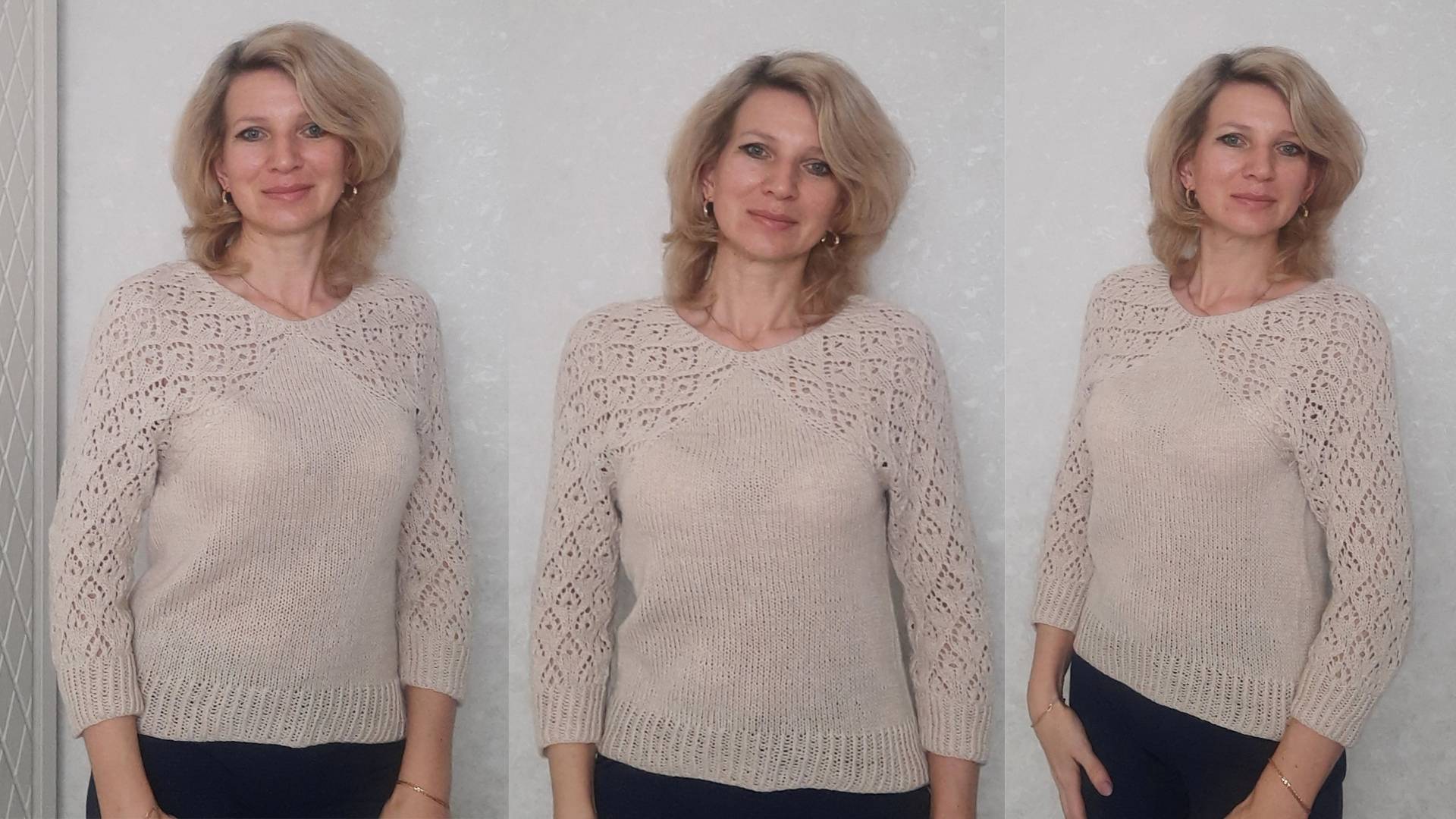 Джемпер с ленивым регланом и ажуром._Подробный МК.