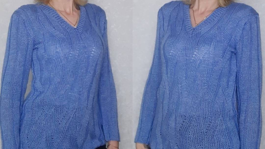 Голубой джемпер с  v-образной горловиной._Подробный МК.