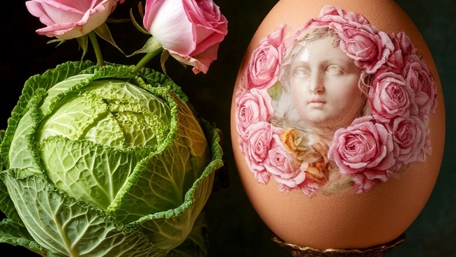 Яйцо с головой/ розы на капусте/двухжелтковые яйца/ всё созданное природой натуральное.