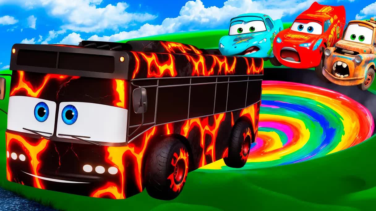 🌈РАДУЖНАЯ ЯМА | Большой и маленький автобус с лавой, Паук Молния Маккуин против автомобильной битвы
