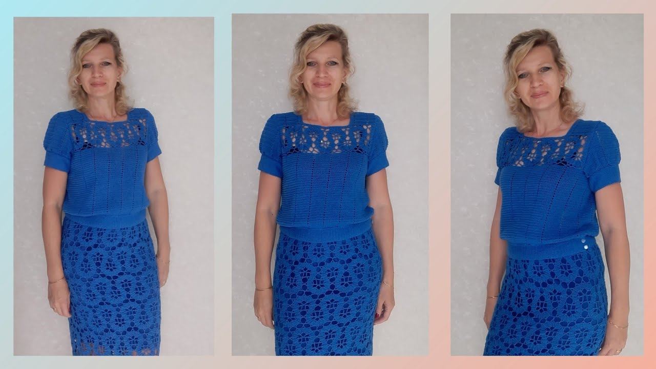 Васильковая блуза крючком./Подробное видео-описание.