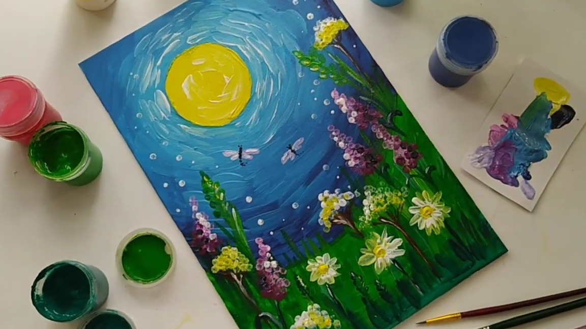 Как нарисовать летнюю полянку с цветами ночью