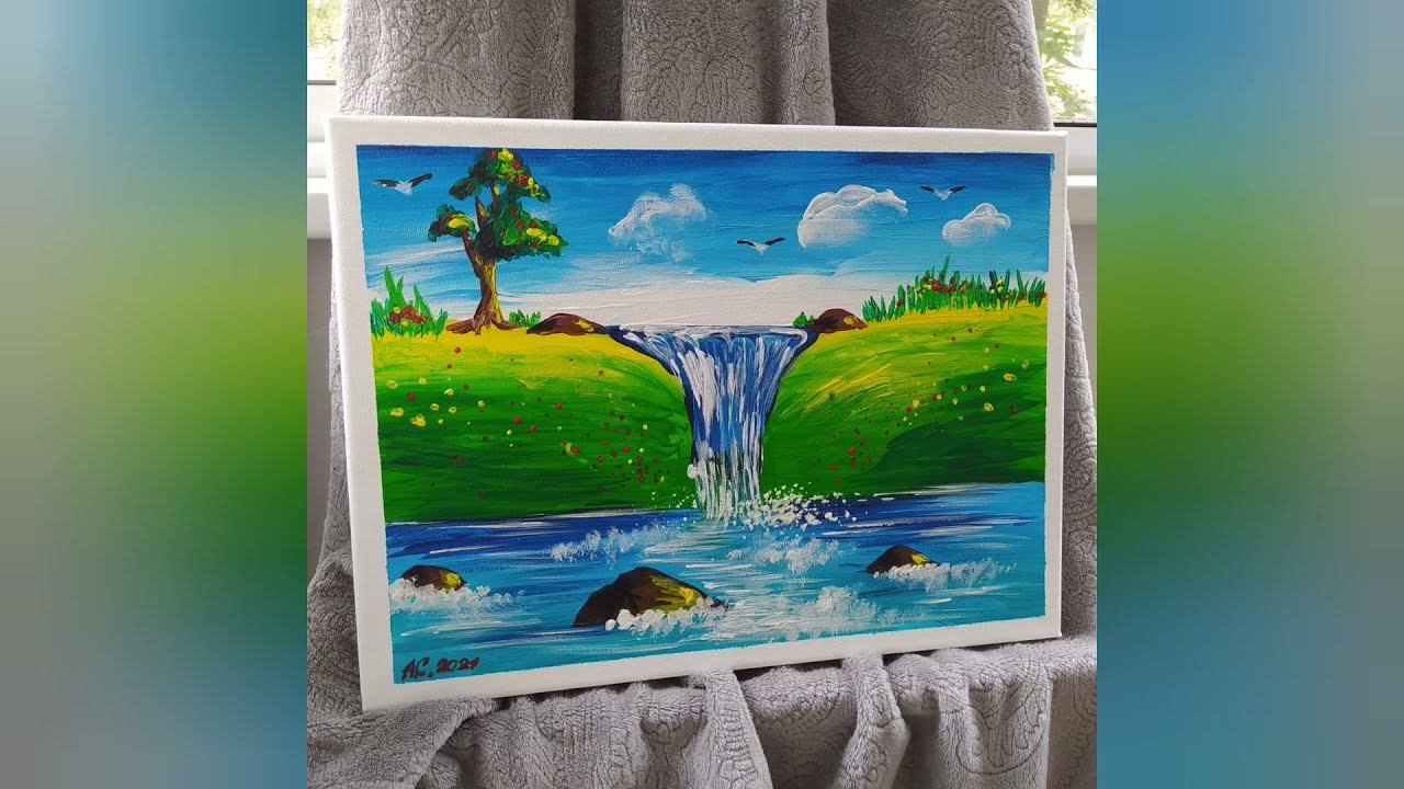 Рисуем водопад гуашью