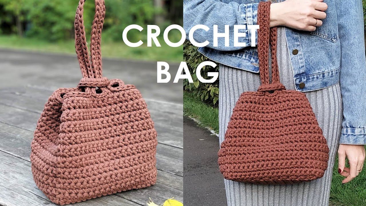 Стильная сумка из трикотажной пряжи крючком. Fashion bag of T Shirt yarn Crochet. English Subtitles