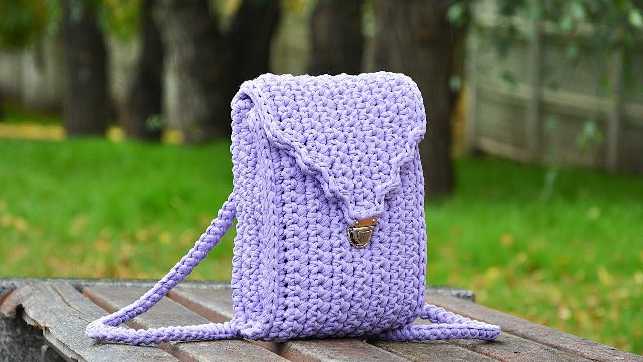 Рюкзак из трикотажной пряжи крючком Crochet Simple backpack of t shirt yarn English SUBTITLES