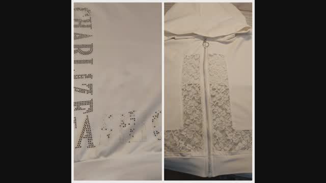 Обновляю  старые надписи из страз на кофте, пришиваю гипюр.