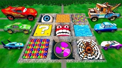 Гигантская Лава, Лего, Веер, Паук, Ямы против огромной и крошечной Молнии Маккуин из PIXAR CARS!