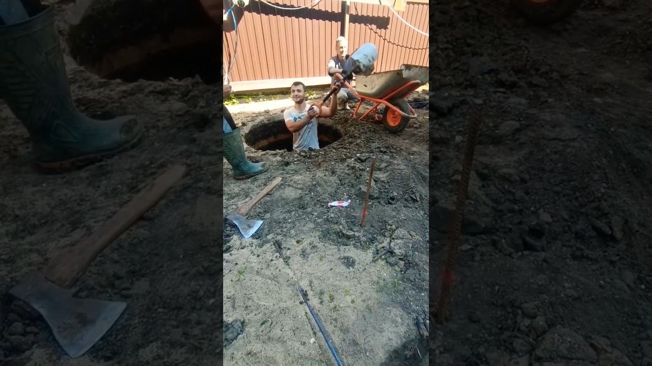 Монтаж приемного колодца на участке.