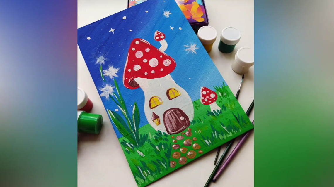 Как нарисовать Мухомор Гуашью "Домик для Гномика"