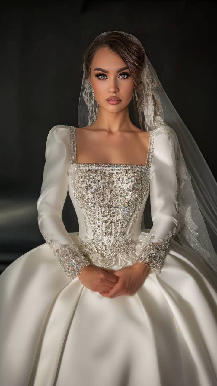 Атласное пышное свадебное платье с жемчугом и кристаллами Регина Арабская коллекция #свадебноеплатье