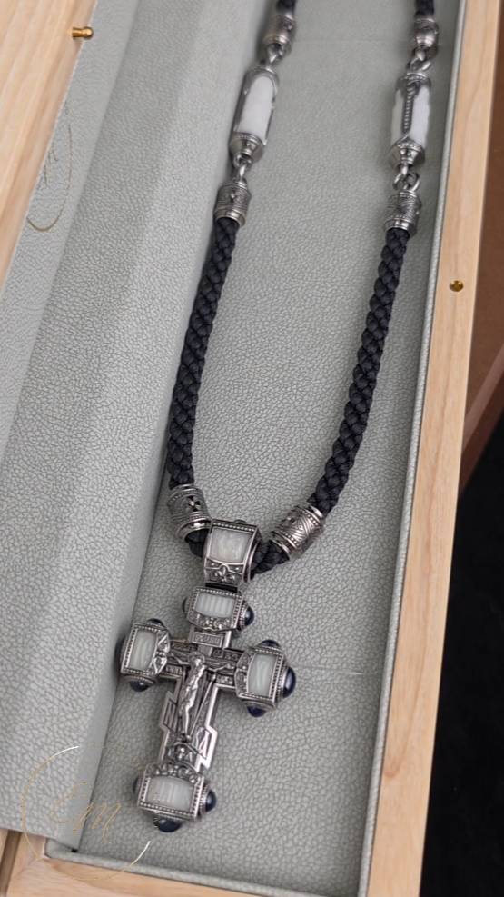 Византийский именной крест из белого золота с сапфирами и гайтаном