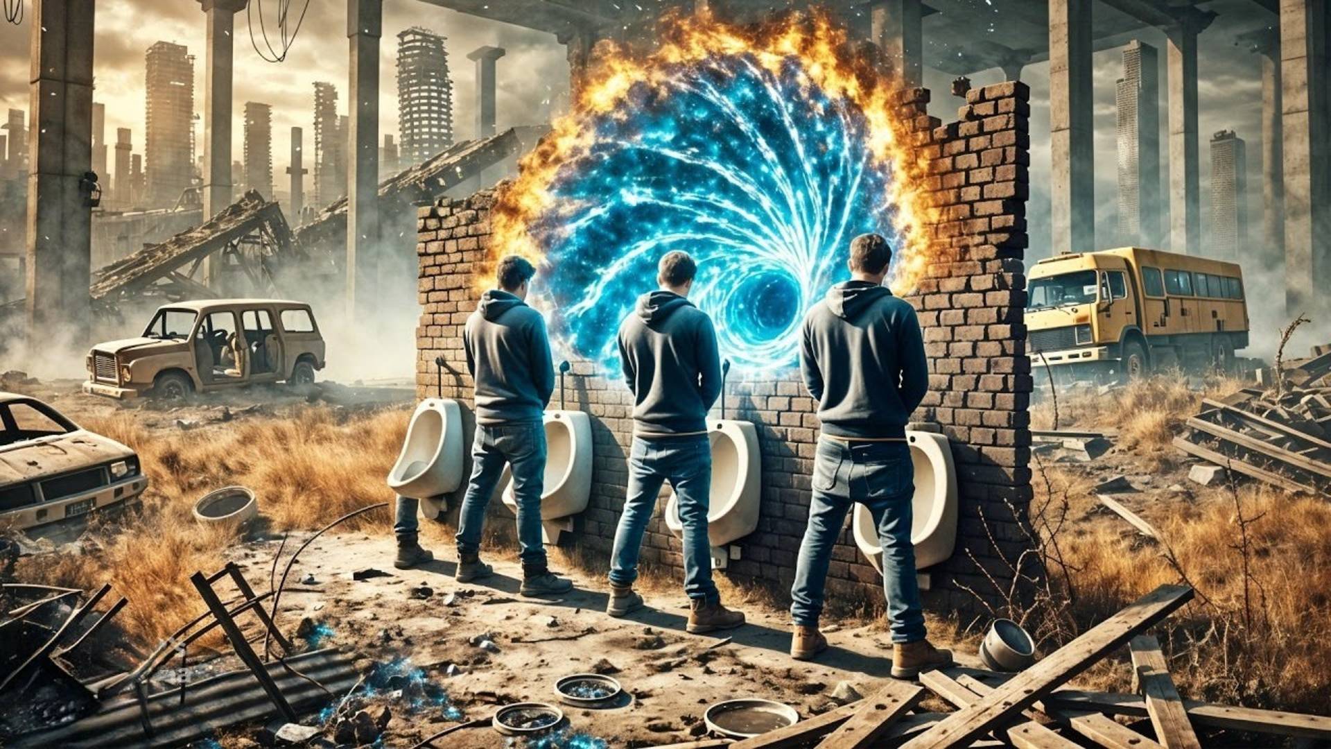 Трое друзей решают сходить в туалет и оказываются в будущем, где они богаты и зн