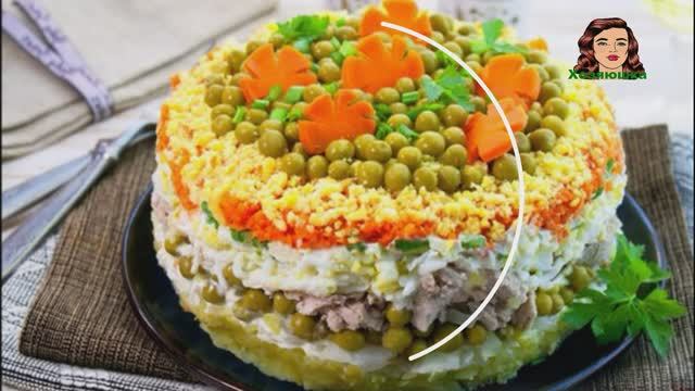 Слоёный мясной салат Царь Горох