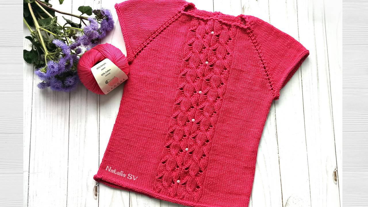 Маечка для девочки "Клубничка"🍓 Маечка из полухлопка спицами. Подробный МК.