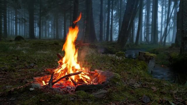 📺 Костер в туманном лесу у реки 🔥 100% Аутентичные звуки