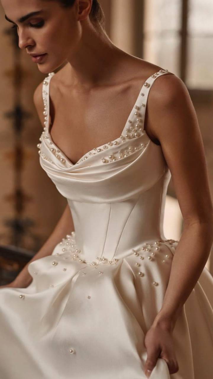 Атласное пышное свадебное платье с жемчугом Виола #свадебноеплатье #свадебныйсалон #домневесты
