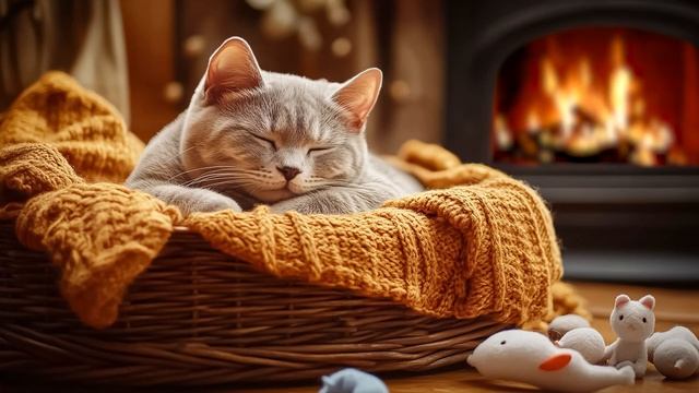 Музыка на фортепиано для кошки 🎹 Уютные звуки костра и мурлыканье для спокойного глубокого сна