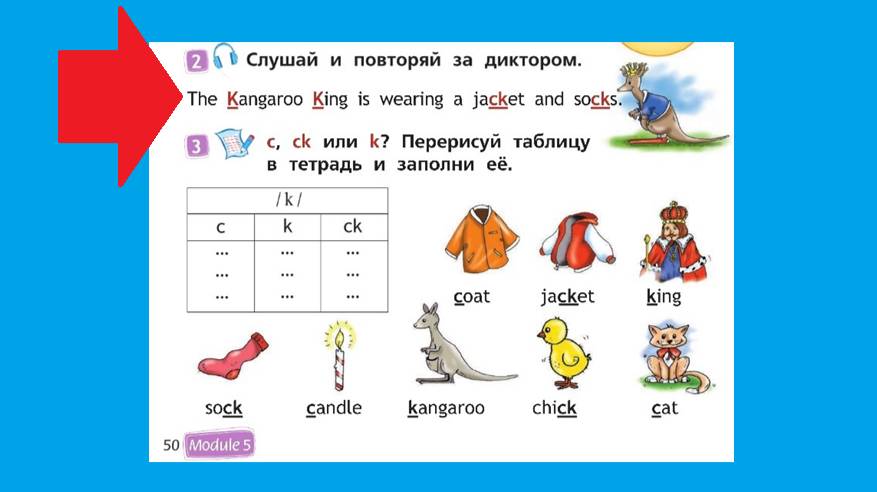 Аудиозапись стр 50 Спотлайт 2 класс 2 часть
Как читать на английском буквы c k ck