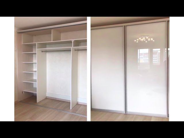 Шкаф купе белый глянец, где двери изготовлены из стекла Лакобель RAL 9003.