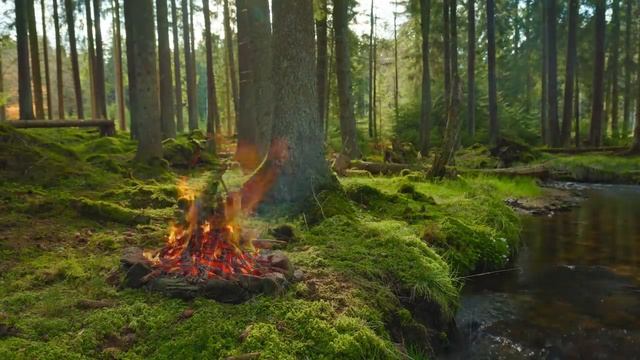 4K Настоящий лесной костер у ручья 🌲 Аутентичные звуки и длинный цикл