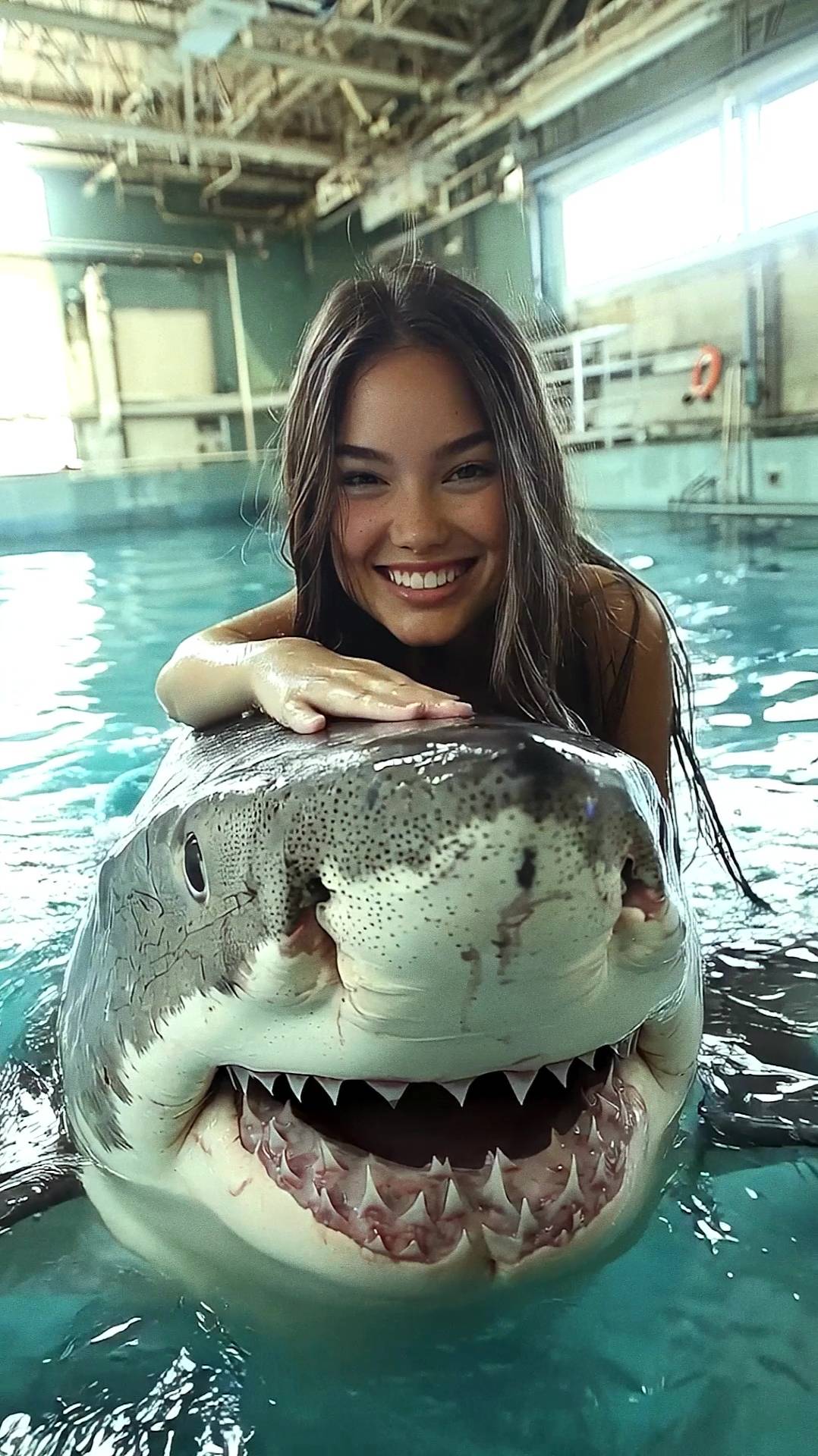 Грозная белая акула и милая девушка плавают вместе в бассейне