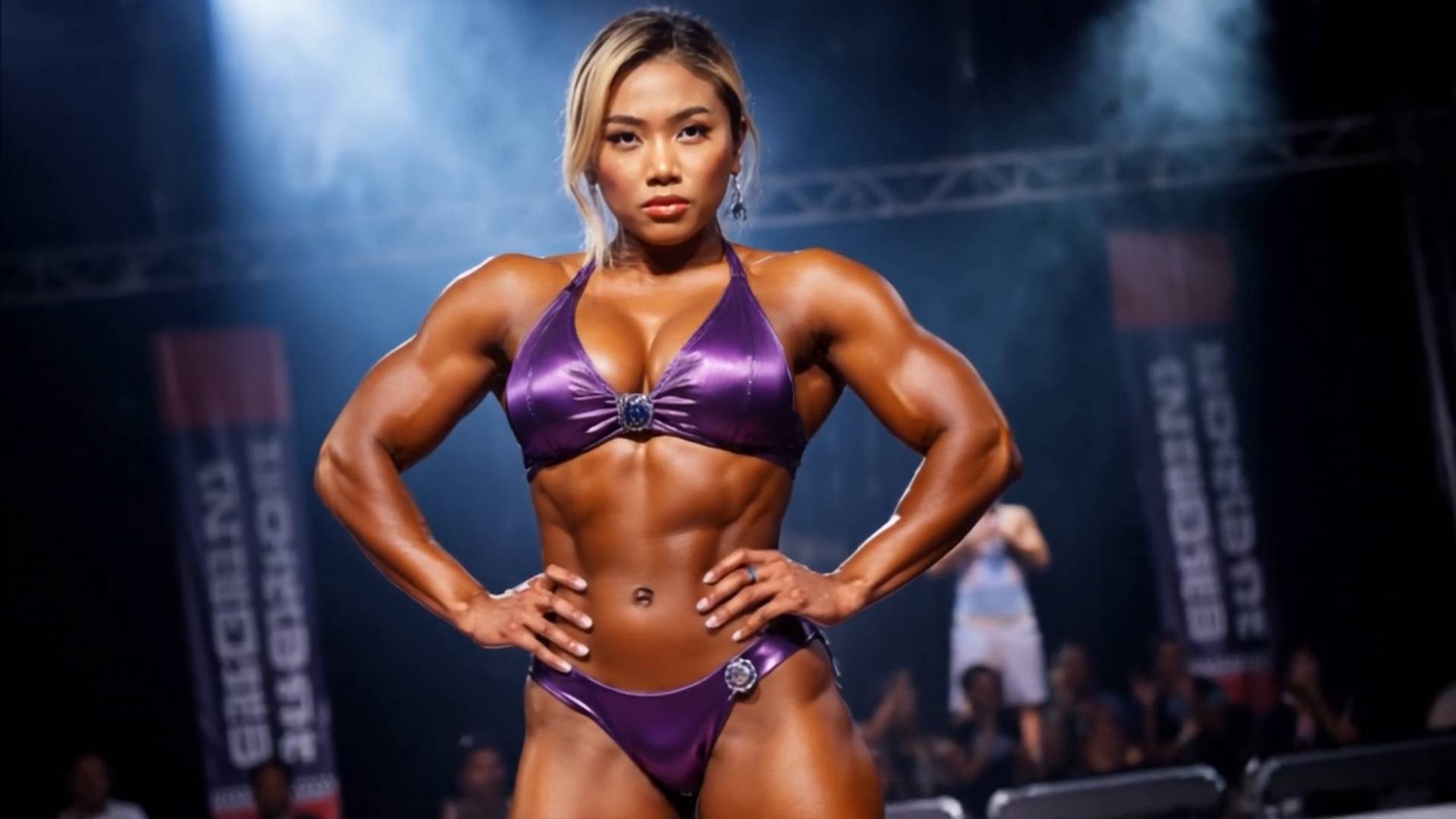 Выступление тайской спортсменки бодибилдера на соревнованиях.
