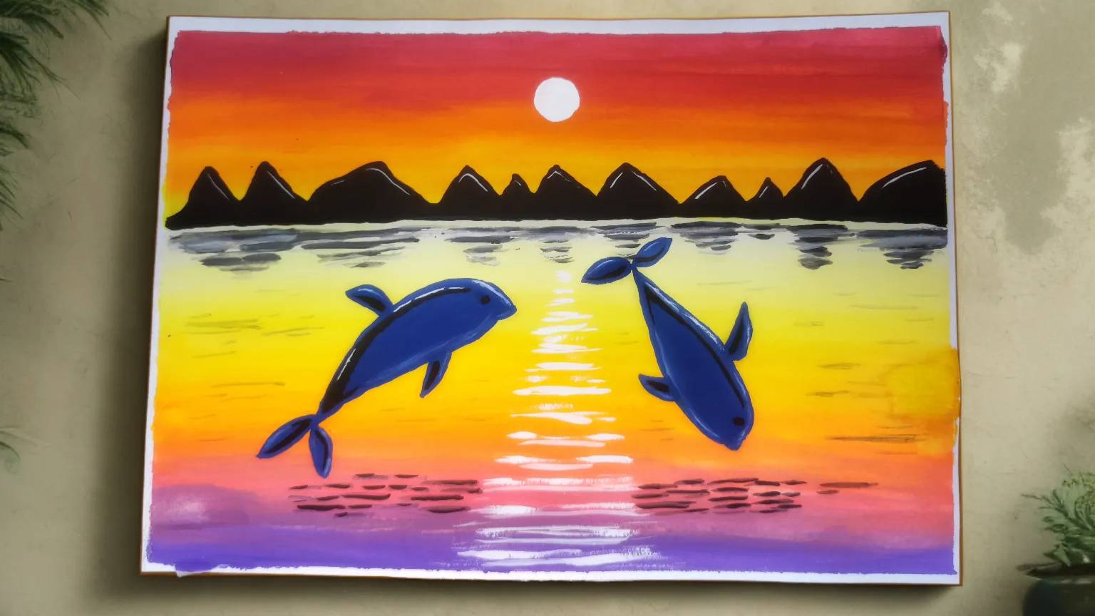 Урок ИЗО Рисуем дельфинов на закате