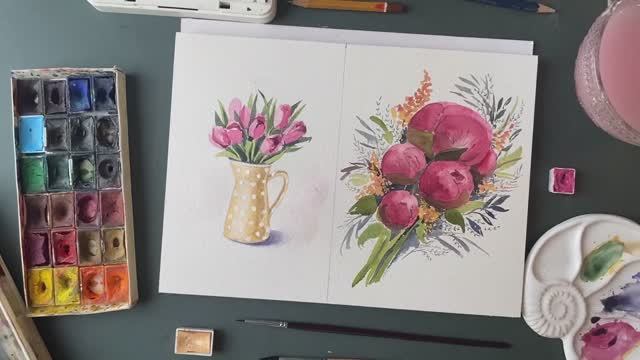 Как нарисовать розовые тюльпаны в кувшине акварелью