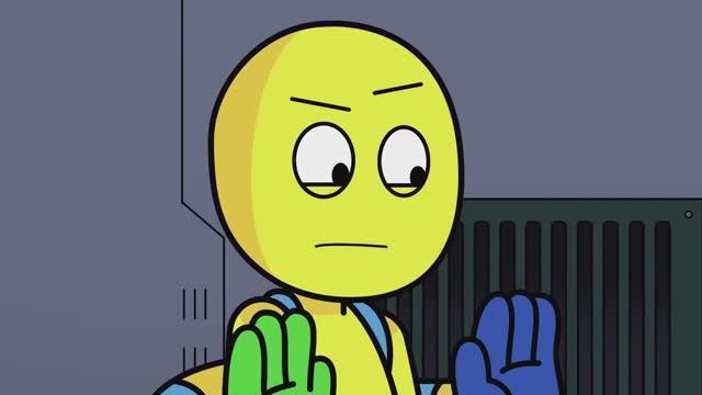 Человек в противогазе на фабрике игрушек