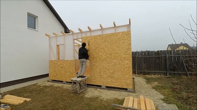 Обшивка каркаса котельной OSB листами.