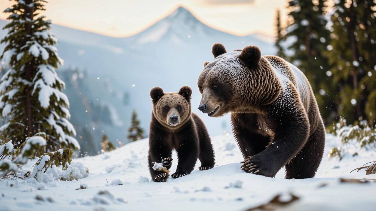 Смешной медвежонок пытается залесть на горку под присмотрм медведицы
