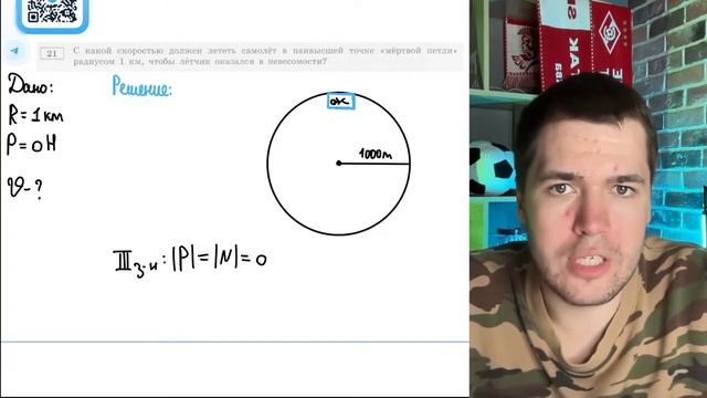 С какой скоростью должен лететь самолёт в наивысшей точке "мёртвой петли" радиусом 1 км - №20395