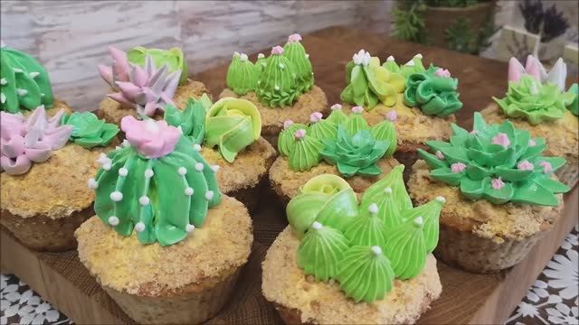 Украшение кексов белково заварным кремом. КАКТУСЫ. Украшение кремом