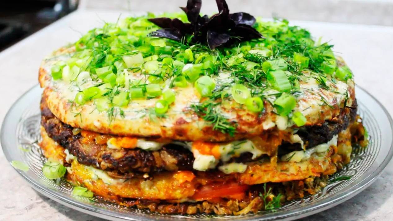 Торт из овощей, сногсшибательный рецепт из баклажанов картофеля и помидор.