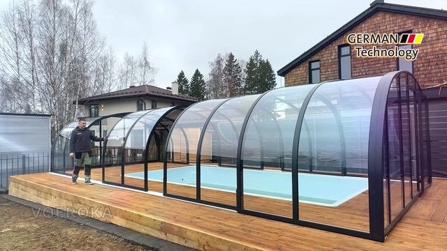 Павильон для бассейна модель PRESTIGE. Размеры 8,77х5,0х2,3м. Цвет ГРАФИТ. Прозрачный поликарбонат.