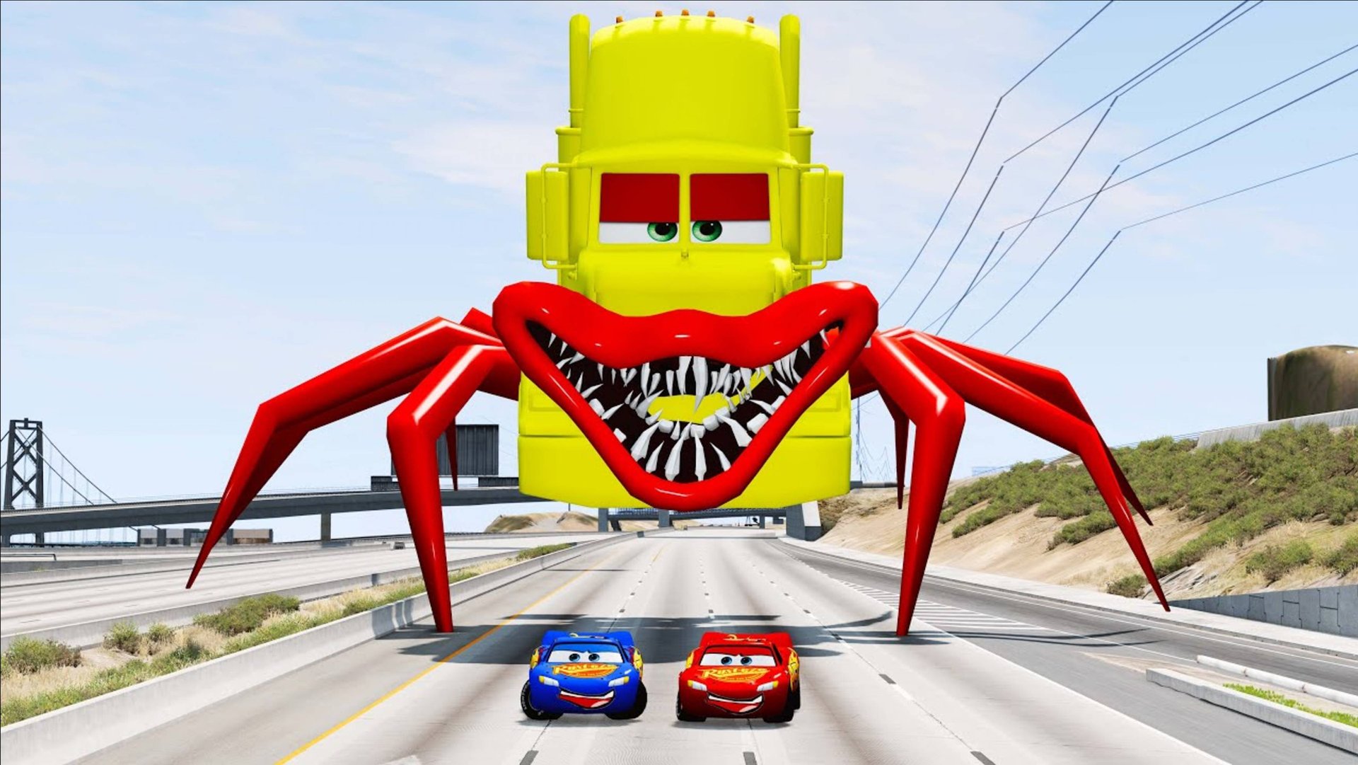 Молния убегает от Мака, Супер-мутанта Хэдса и Скибиди Маккуин игра BeamNG