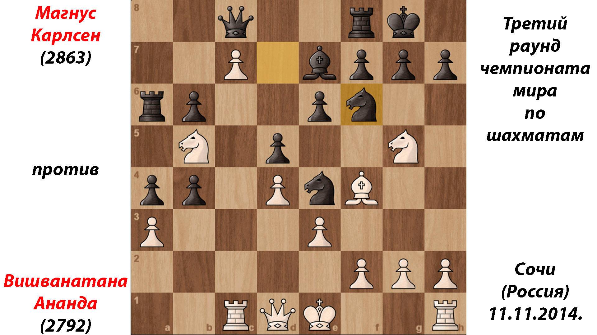 Магнус Карлсен против Вишванатана Ананда. Третий раунд чемпионата мира по шахматам. Сочи (Россия)
