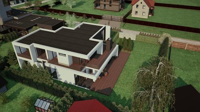 Двухэтажный дом площадью 340 м² с плоской кровлей в стиле минимализм, автомобильным навесом пергола